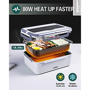 FanFanOK Electric Lunch Box 80W Heated Lunch Boxes for Adults Work/Car/Truck/Home, 1.8L Portable Food Warmer Heating Lunchbox with Insulated Lunch Cooler Bag 12V 24V 110V