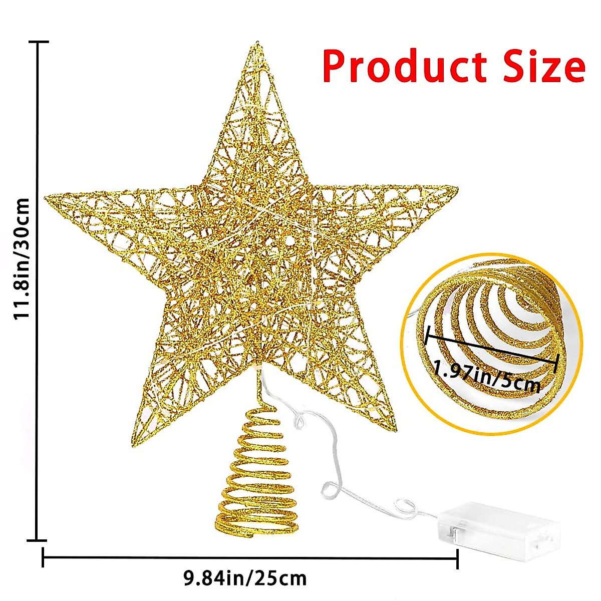 DULEFUN 11.8 Inch LED Star Tree Topper - Gold Metal Ornament with 20 Lights for Christmas Tree Decoration