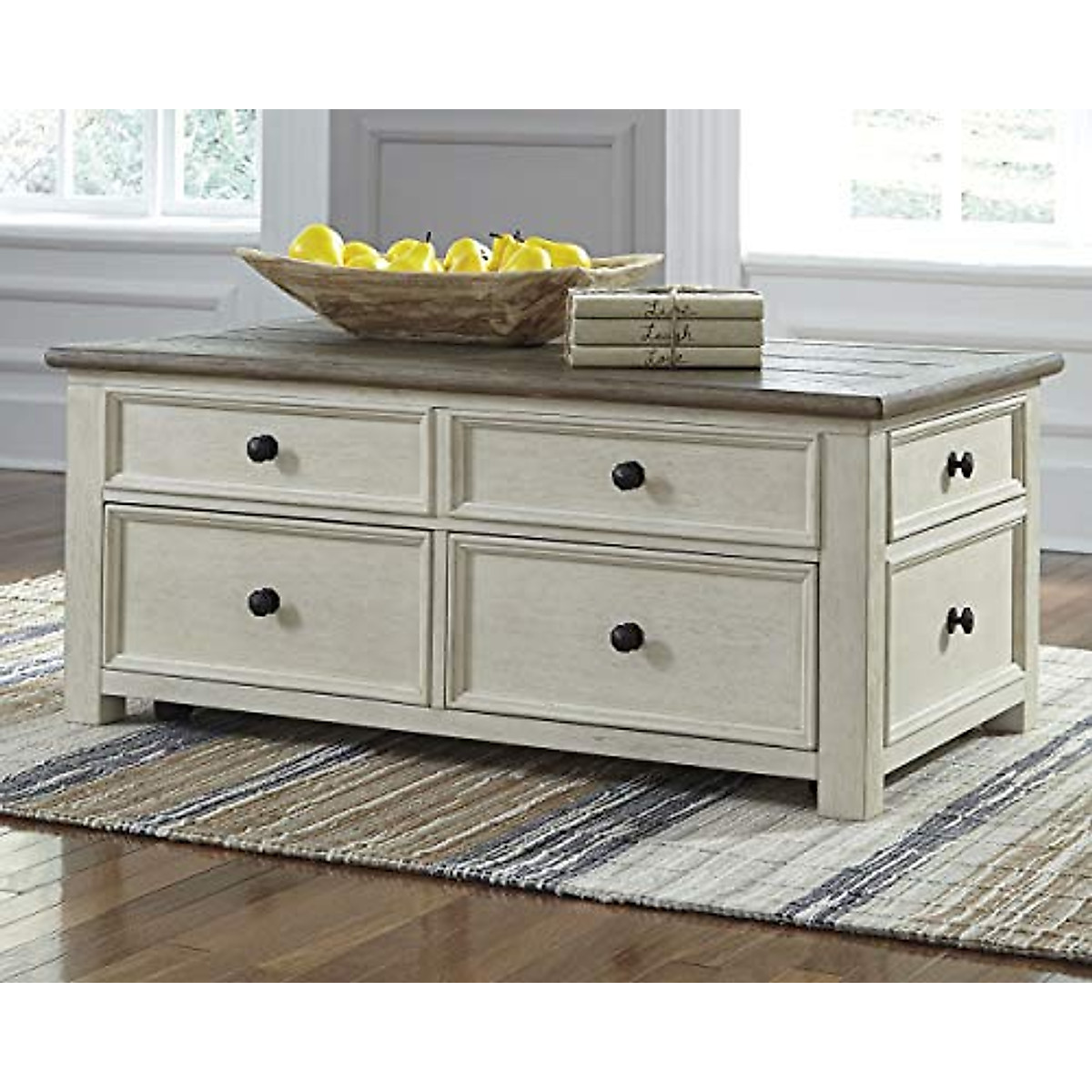 Signature Design by Ashley Bolanburg Farmhouse Lift Top Coffee Table with Drawers, Antique Cream & Brown