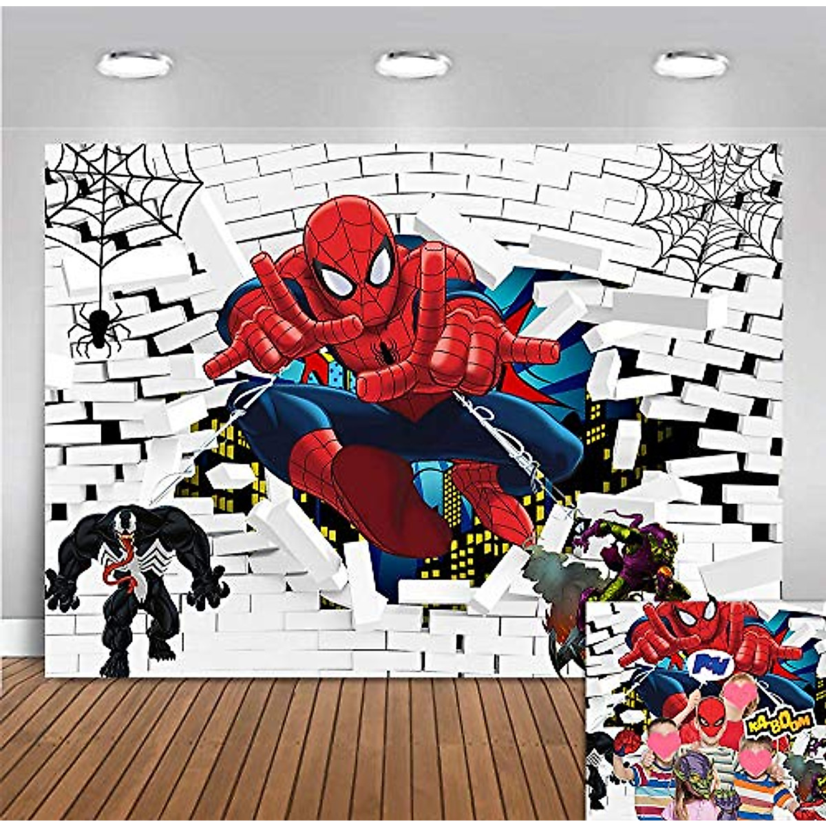 White Brick Wall Spiderman Photo Background Polyester Superhero Cityscape Spider Web for Children Baby Boys Birthday Party Banner Decorations Baby Shower Supplies (7x5 Ft)