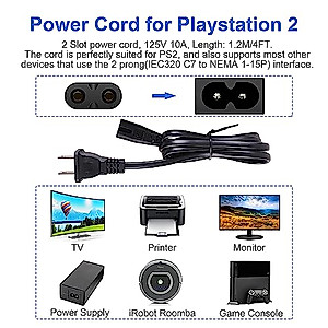 Power Cord and AV Cable for PS1 PS2 PS3, AC Power Cord and AV Cable Compatible with Playstation 1 2 3, 2 Prong Power Supply & Audio Video RCA AV Cable Replacement Set