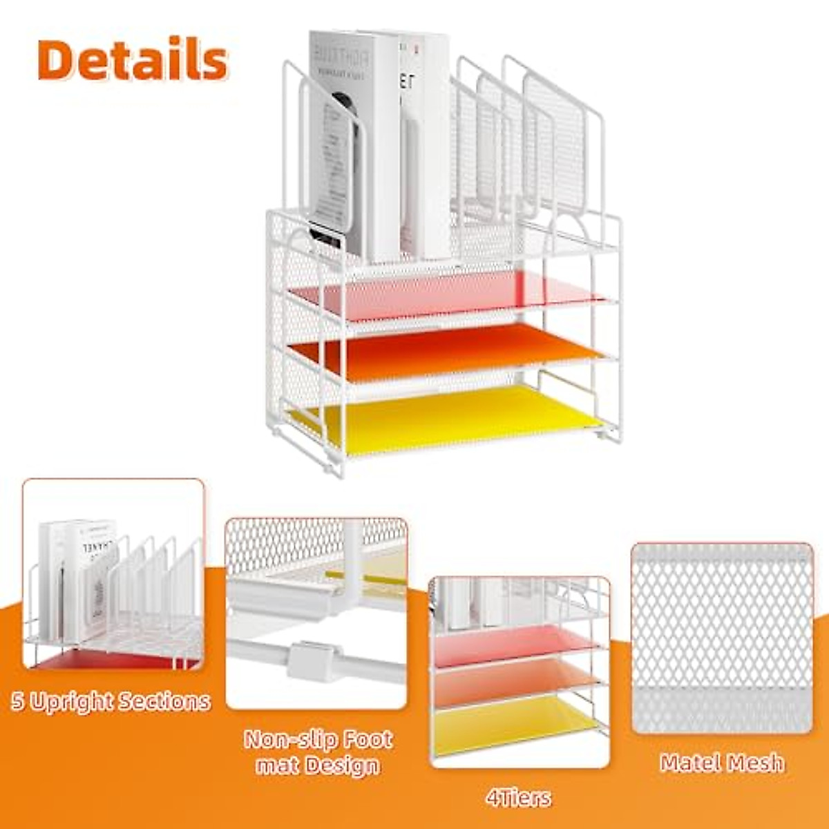 Marbrasse Mesh Desk Organizer, 4-Tier Mesh Desk File Organizer with 5 Vertical File Holders, Multifunction Desktop Organizer, Desk Organizers and Accessories for Home Office School,White