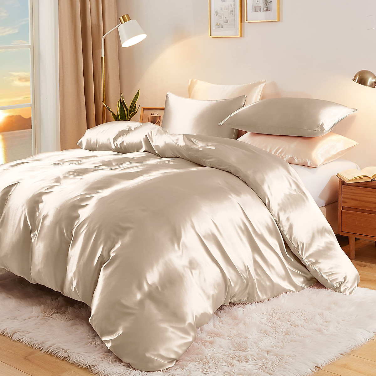 Vonty 3-Piece Silky Satin Duvet Cover Set Full/Queen Size Duvet Cover, Organic Natural 400TC Beige Duvet Cover Set - Luxury & Sexy Bedding Duvet Covers with Zipper Closure(No Comforter)