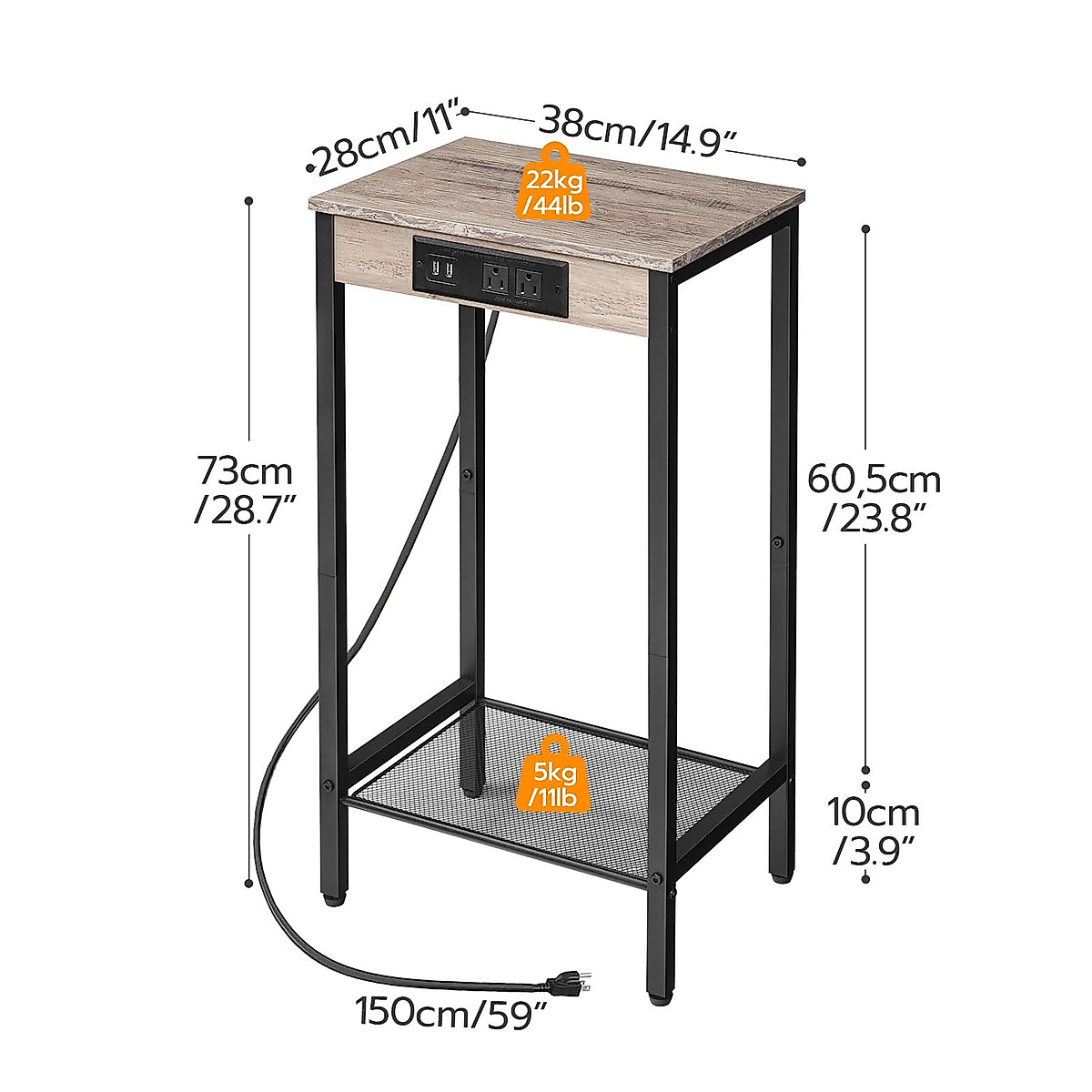HOOBRO Tall Side Table with Charging Station, 28.7" H Industrial Telephone End Table, Small Entryway Table, Tall Bedside Table for Living Room, Hallway, Bedroom, Office, Greige BG08UDH01