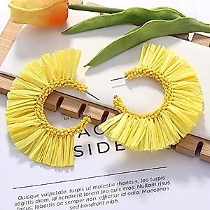 Raffia Hoop Drop Earrings for Women - Geometric C Shape Colorful Handmade Earrings, Bohemian Dangle Earrings(ER1200-Yellow)