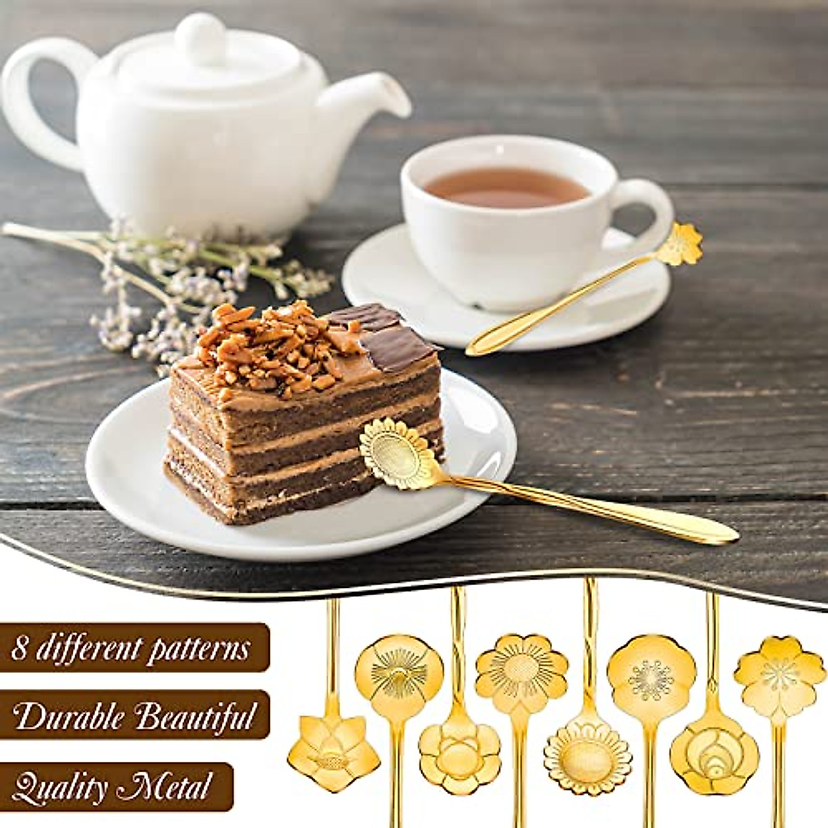 40 Pcs Flower Dessert Spoons Stainless Steel Sugar Spoon Stirring Coffee Spoons Small Tea Spoons Cafe Bar Spoon Cute Coffee Teaspoon Mini Tableware for Demitasse Espresso, 8 Styles (Gold)
