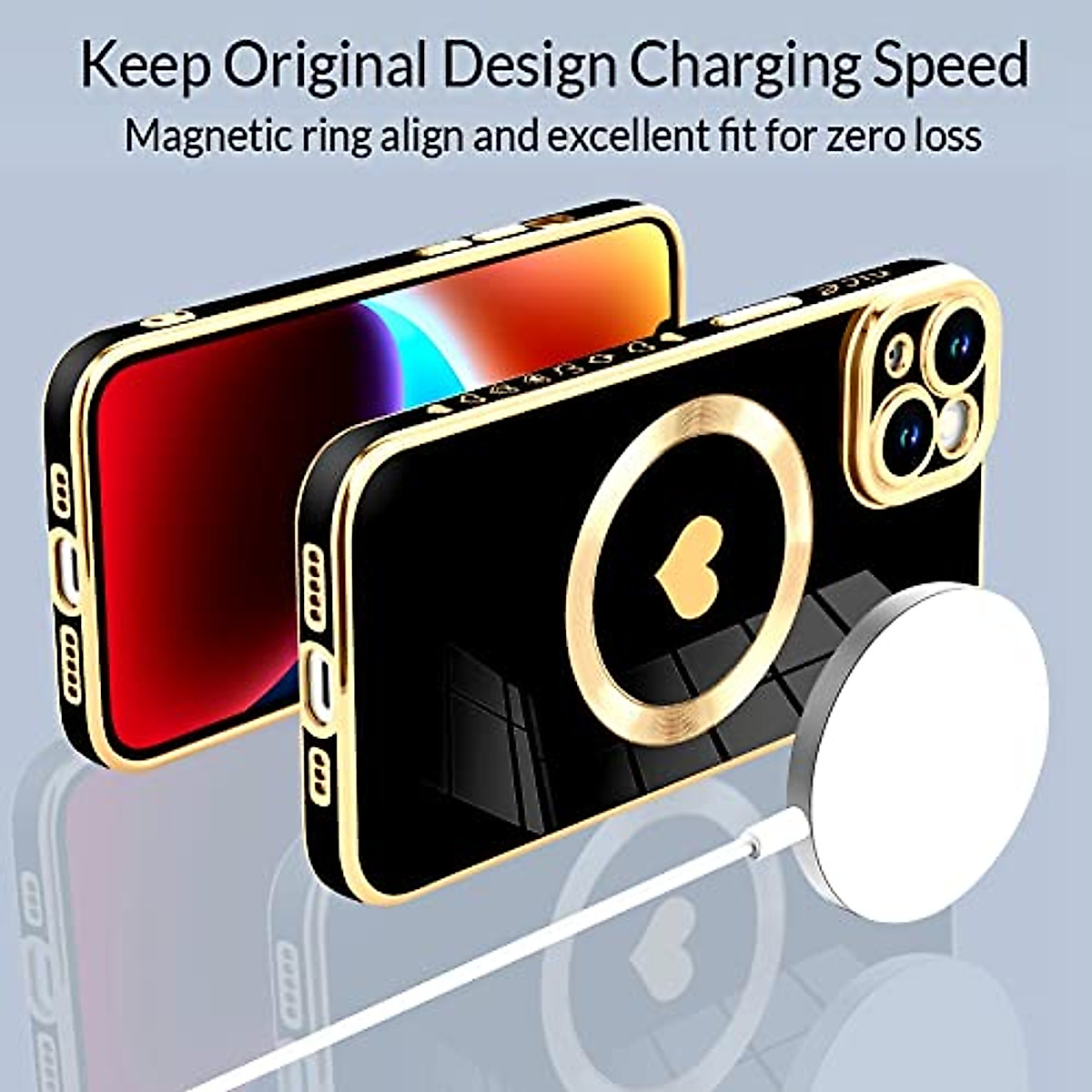 tharlet Magnetic for iPhone 14 Case Black [Compatible with Magsafe] Cute Love Luxury Plating Edge Bumper Case with Full Camera Lens Case for iPhone 14 Phone Case, Black (6.1")
