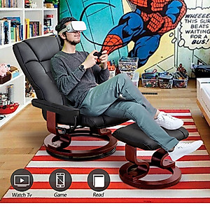 MCombo Swivel Recliner with Ottoman, Multi-Position Leisure Office Chair with Adjustable Back, Faux Leather Ergonomic Lounge Chairs w/Footrest for Bedroom Living Room 9019 (Black)