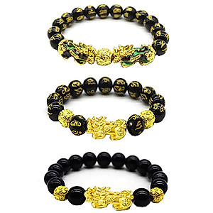 Black Obsidian Wealth Bracelet, 3 Pcs Good Luck Pi Xiu Bracelets for Women Men Attract Health Wealth Money Jewelry