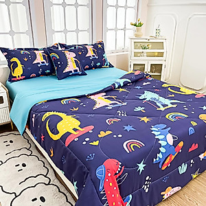 Megamayga Dinosaur Bedding Full Size for Boys 6 Pieces Dinosaur Comforter Set Full for Kids Bed in A Bag Comforter Set with Blue Sheets Stars Rainbow Print 3D Dino Bedding Skateboard Dinosaur Bed Set
