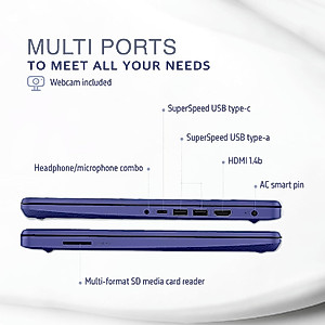 HP 2023 Stream Laptop, 14" Display, Intel Celeron N4120, 16GB RAM, 64GB eMMC + 256GB SD Card, Intel UHD Graphics 600, Wi-Fi, Bluetooth, Webcam, 1 Year Office 365, Windows 11 Home in S Mode, Blue