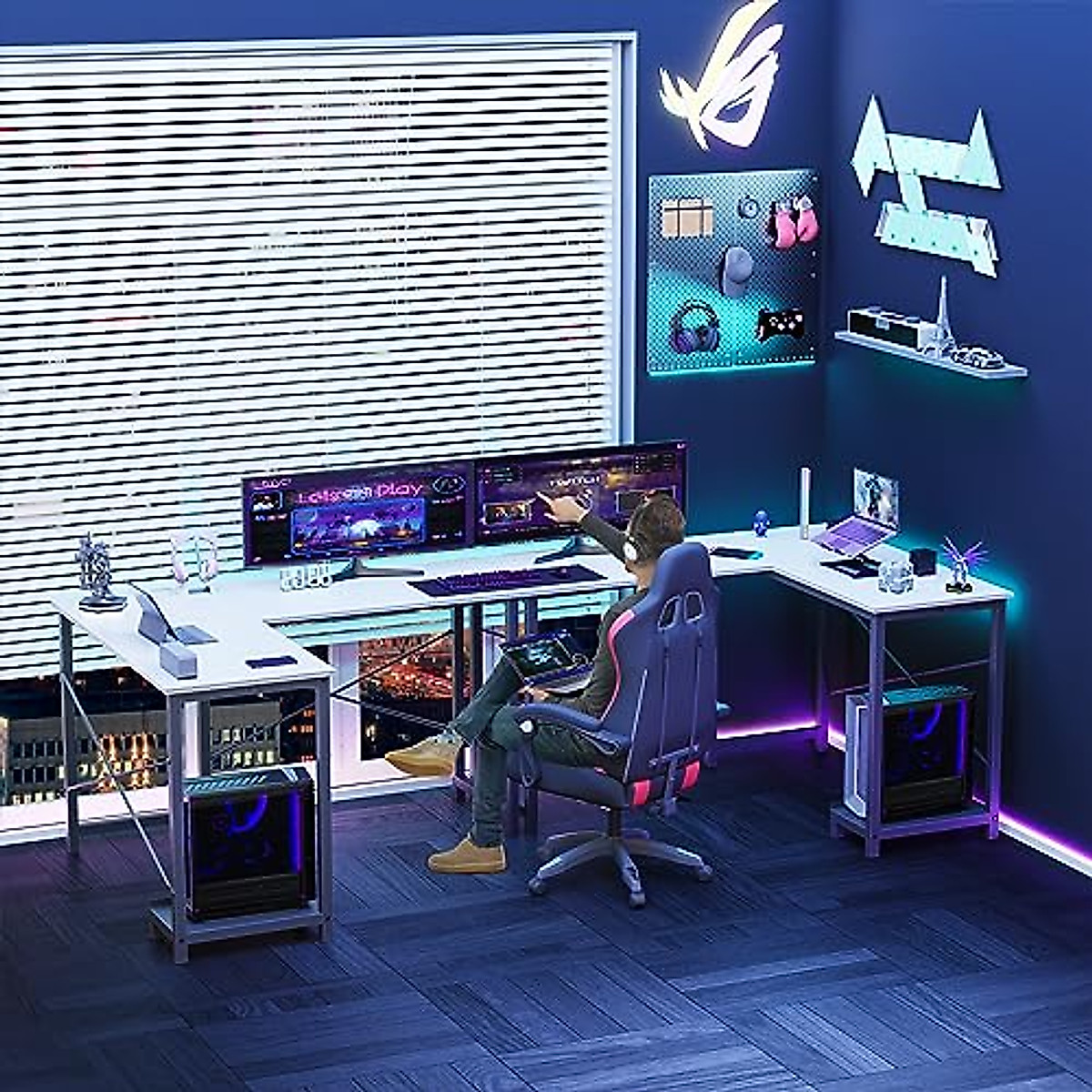 Sweetcrispy L Shaped Gaming Desk, Computer Desk Corner Desks PC Gaming Desk Table with CPU Stand Side Bag for Home Office Dorm Sturdy Writing Workstation, White, 50 Inch