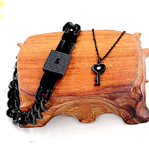 Uloveido Black Stainless Steel Couples Lock Bracelet and Key Pendant Necklace Matching Jewelry Set for Girlfriend Boyfriend Y808 (Black)