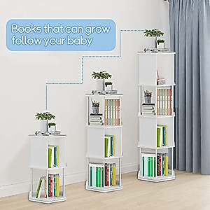 Rotating Bookshelf Tower 360 Display 4 Tier Floor Standing Spinning Bookshelf Revolving Bookcase White for Home Living Room Study Office