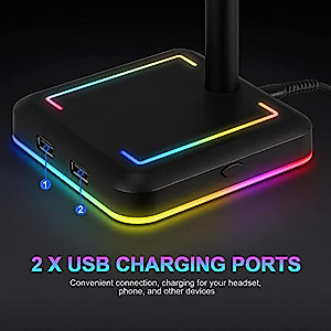TEEDOR Headphone Stand, RGB Gaming Headset Holder with 2 USB Charger Ports & 10 Lighting Modes for Desktop PC Game Earphone Accessories