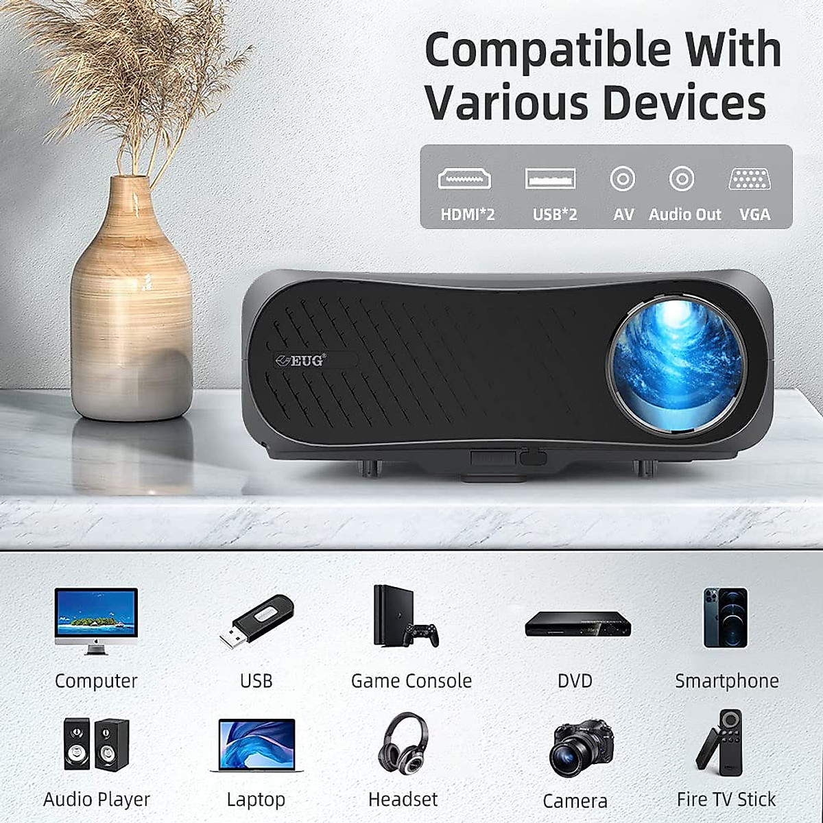 Native 1080P 2.4/5G WiFi Bluetooth Projector, 10000LM Ultra HD Outdoor Movie Projector Wireless iOS/Android Sync Screen & Zoom, 4K Home Theater Video Projector with HDMI/USB for Laptop DVD TV Stick PC