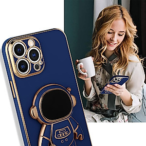 AIGOMARA 6D Plating Astronaut Hidden Stand Case Cover for iPhone 13 Pro Max Women Astronaut Folding Bracket Kickstand iPhone Case with Camera Protector Soft TPU Shockproof Bumper 6.7 in - Navy Blue