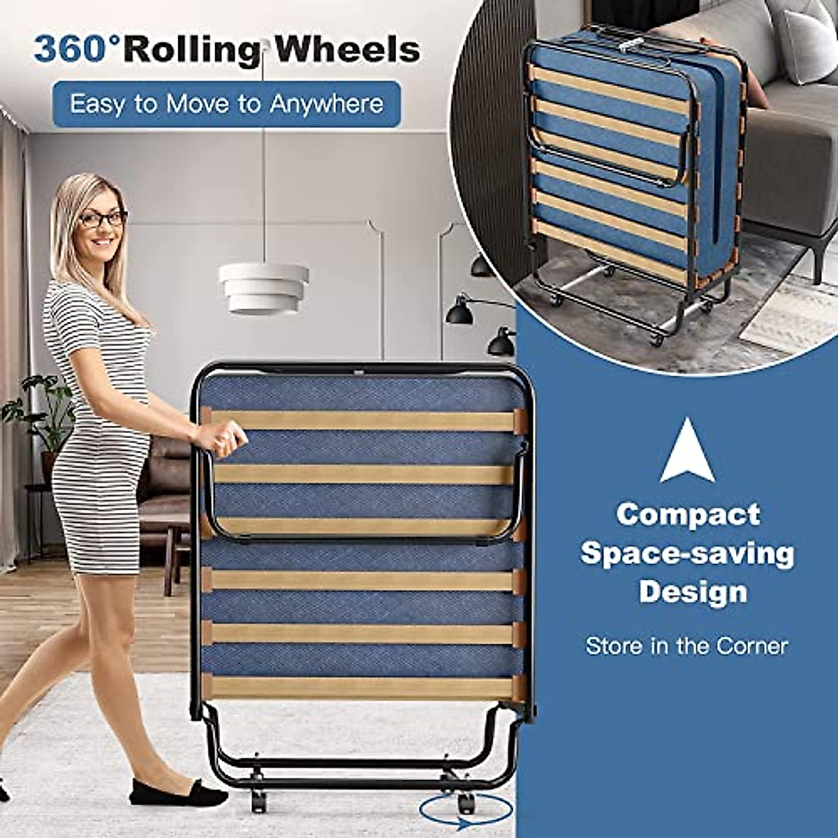 Augester Folding Bed with 4 Inch Mattress, Rollaway Foldable Guest Bed for Adults, Memory Foam Mattress & Sturdy Metal Frame, Portable Bed Cot Size w/Wheels, Easy to Transport, Blue