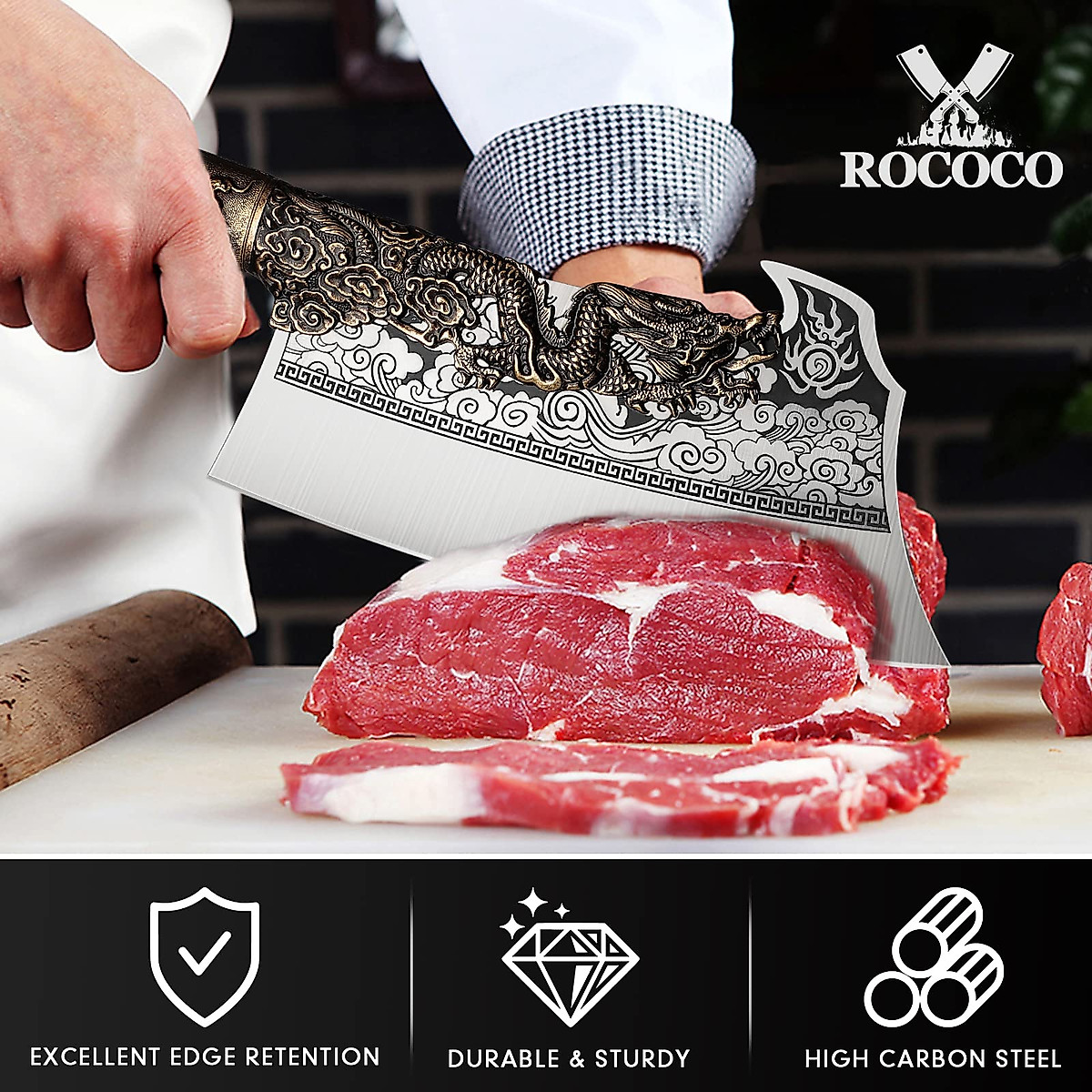 ROCOCO 2lb Dragon Butcher Knife Heavey Duty Cleaver Knife for Meat Bone Cutting 9.5" Cool Big Viking Camping Chopper Cutter with Sheath Birthday Thanksgiving Christmas Gift Idea Men