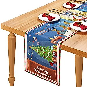 Christmas Table Runners 72 Inches Long, Farmhouse Table Runners Holiday Table Runners, Dining Table Runner with Santa Claus Christmas Trees Reindeers for Xmas Home Kitchen Dining Room Party Decor
