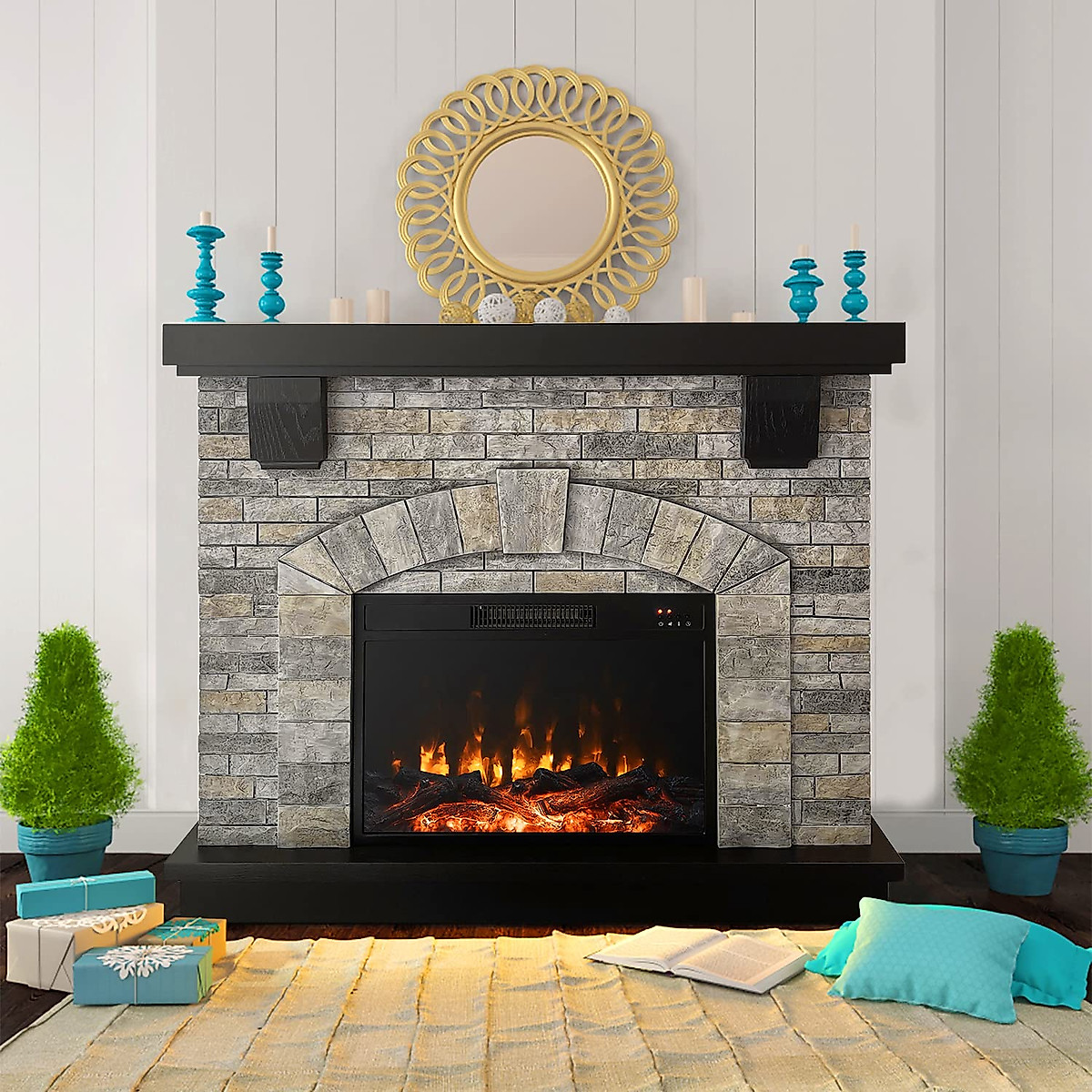 Cloud Mountain Electric Fireplace with Mantel, Tall Fire Place Heater Freestanding with Remote Control Timer LED Flame for Living Room Bedroom