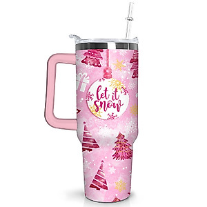 qoepfnsh Christmas Tumbler 40 oz Christmas Tumblers with Handle and Straw Pink Christmas Tree Stainless Steel Insulated Coffee Cups Mugs Christmas Gifts Stuff Decor for Women Girls