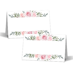 Zmyollo Blush Pink Floral Table Place Cards - 25PCS Tent Cards - 2.1” x 3.5“ Food Lables - Name Place Cards for Table Setting - Name Cards for Birthday Party Baby Shower - Scored for Easy Folding -15