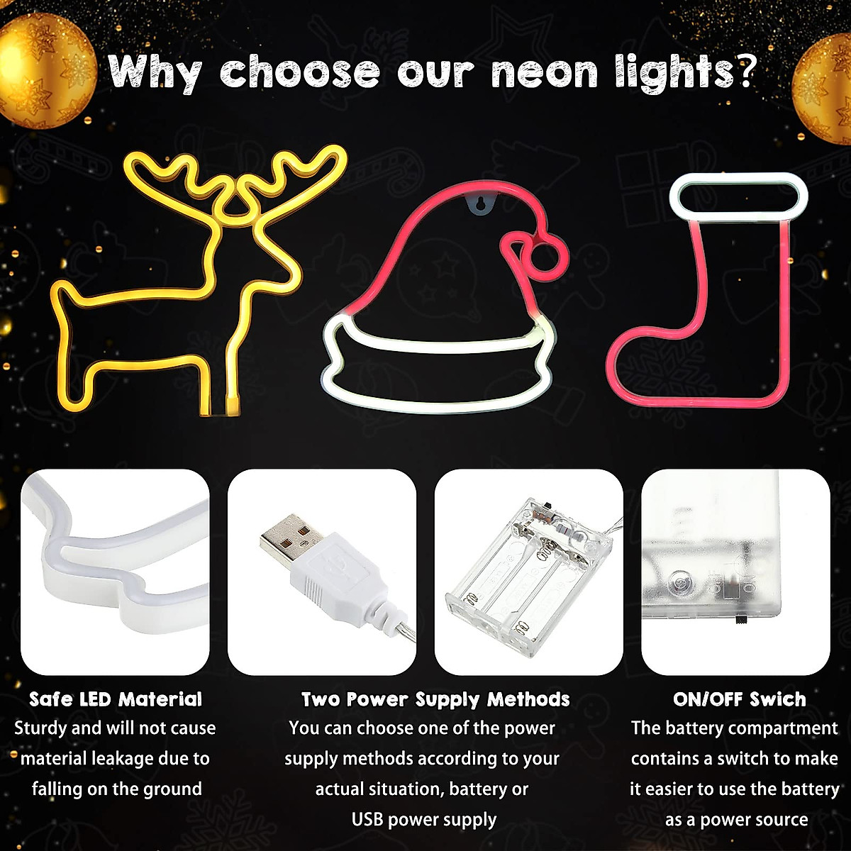 3 Pieces Christmas Neon Sign Night Light LED Elk Christmas Stocking Christmas Hat Neon Wall Decor Lights USB and Battery Powered Neon Christmas Light Sign for Bedroom Kids Xmas Gifts Home Wedding Bar
