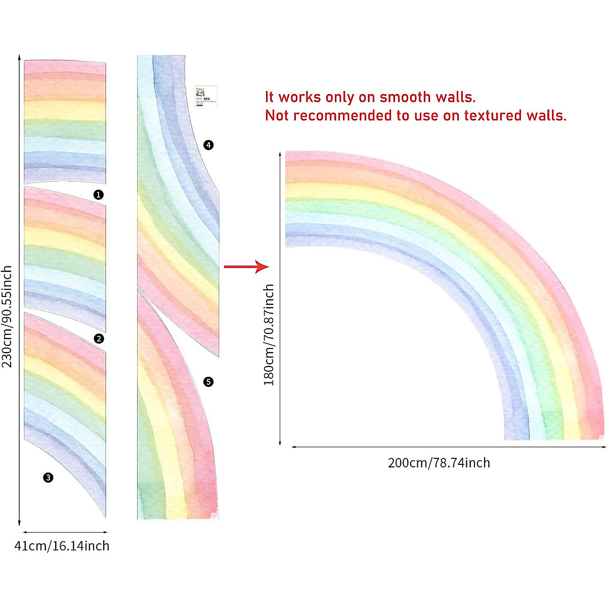funlife Fabric Peel and Stick Large Rainbow Wall Mural Stickers for Girls, Precut Pastel Half Watercolor Rainbow Wall Sticker Decals for Kids Bedroom Living Room Playroom, 78.74" x 70.87"