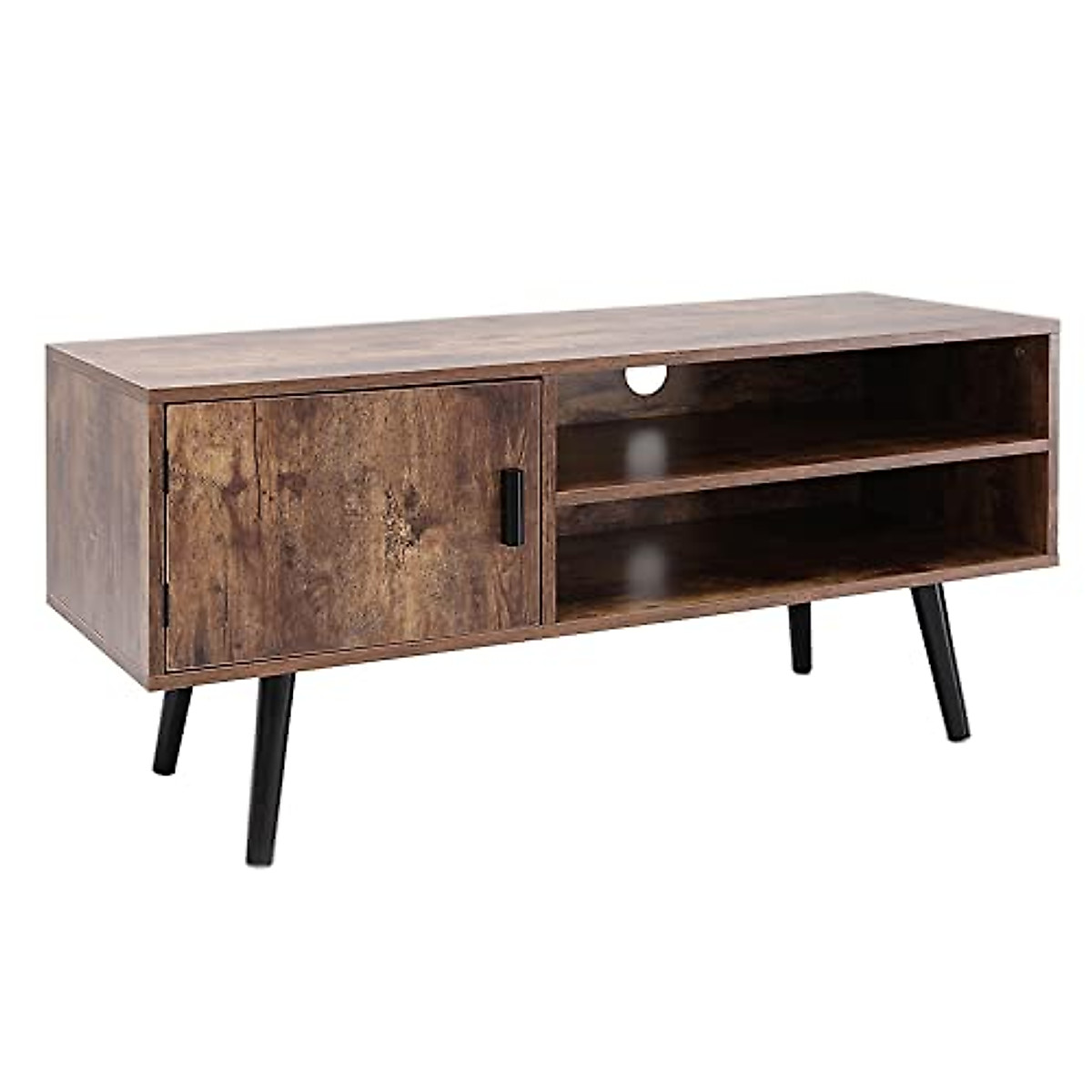 usikey Mid-Century TV Stand for TVs up to 50 Inches, Entertainment Center with Open Storage Shelves & Cabinet, Modern TV Console for Living Room, Rustic Brown