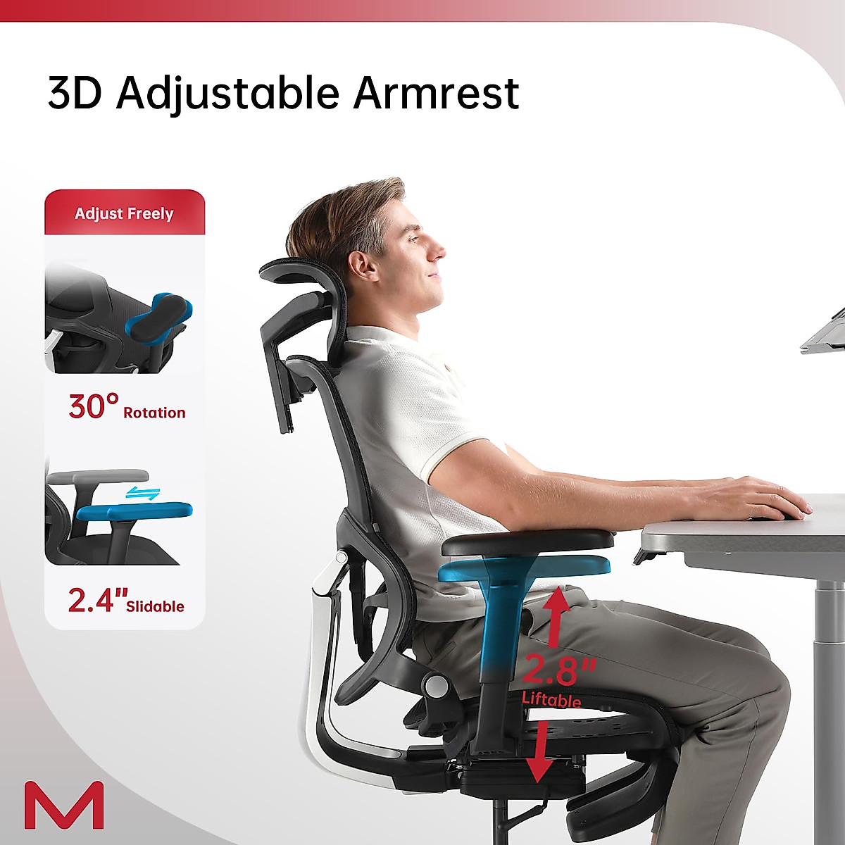 Motostuhl Q3-MT Ergonomic Office Chair with Footrest Home Office Ergonomic Chair with Soft Rubber Lumbar Support Extra Large 2D Headrest & 3D Armrest 140° Tilting Mesh Computer Chair