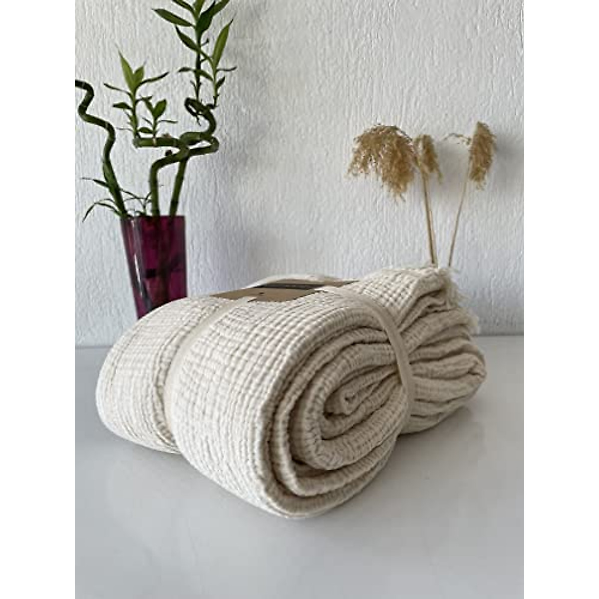 Muslin Blanket 100% Cotton, 4 Layers Bedspread, Soft Turkish Cotton Muslin Bed Cover, Reversible Coverlet, Ivory (King Size 95x102-230x260cm)