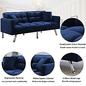 Velvet Futon Sofa Bed with Two Pillows, Convertible Sleeper Sofa Couch with 3 Angle Adjustable Backrest, Modern Loveseat with 6 Metal Legs for Living Room, Bedroom (Blue)