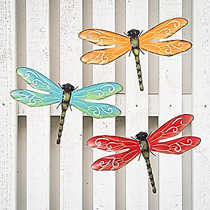 MEETYAMOR Dragonfly Outdoor Wall Decor, 3 Pack 15"x10" Metal Small Colorful Mexican Hanging Wings Accent Wall Art Gifts, Garden Fence Home Living Room Patio Yard Decoration for Outside