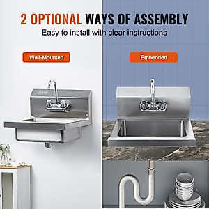 VEVOR Commercial Hand Sink with Faucet, NSF Stainless Steel Sink for Washing, Small Hand Washing Sink, Wall Mount Hand Basin, Utility Sink for Restaurant, Kitchen, Bar, Garage and Home, 17 x 15 inch