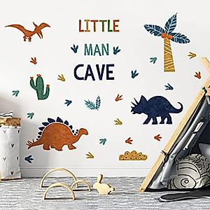 Mfault Boys Dinosaur Footprints Little Man Cave Wall Decals Stickers, Peel Stick Dino Paw Print Nursery Decorations Baby Bedroom Playroom Art, Watercolor Blue Coconut Trees Cactus Kids Room Decor Gift