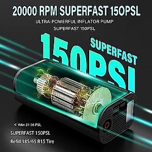 Salate Portable Air Compressor Tire Inflator, 150PSI Cordless 12V DC 2-Way Power Supply Air Pump 7800mAh Battery Capacity Tire Pump with 6”Screen Suitable for Cars Motorcycles E-Bikes