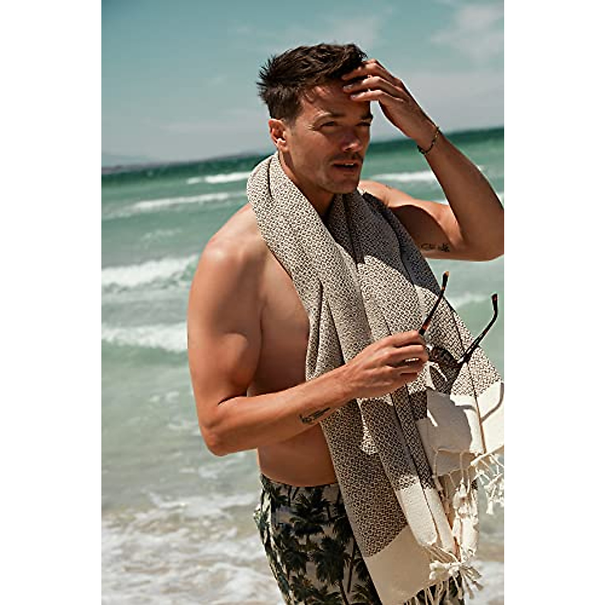 SMYRNA TURKISH COTTON Vintage Series Turkish Beach Towel Oversized, 37x71 inch, Extra Large Quick Dry Sand Free Beach Blanket, Lightweight Cotton Pool, Spa, Travel, Gym, Adult Bath Towel, Latte