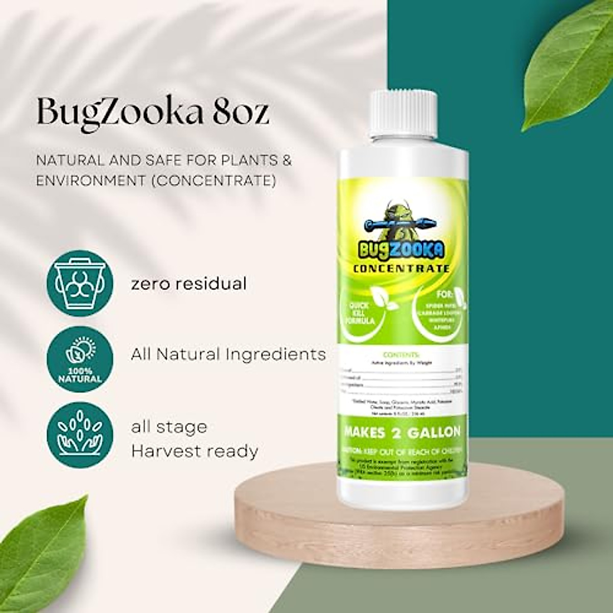 BugZooka 8oz Concentrate: Makes 2 Gallons All Natural Prevents Ants, Spiders, Aphids, Whiteflies, Caterpillars, Thrips, Stink Bugs,miticides, Pesticides, and Fungicide All Stages of Crops USDA