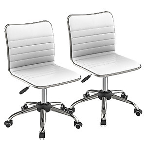 Our Modern Space 2 PACK Adjustable Ribbed Swivel Office Chair - Faux Leather, Low Back, Armless with Rolling Caster Wheels for Home, Office Vanity Dorm Workspace - WHITE