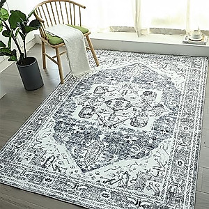 QD-Udreamy 5x7 Area Rugs - Machine Washable Rugs for Living Room, Area Rug with Non-Slip Backing, Stain Resistant Vintage Medallion Rug for Bedroom, Ultra-Thin Boho Large Area Rugs for Home Decor
