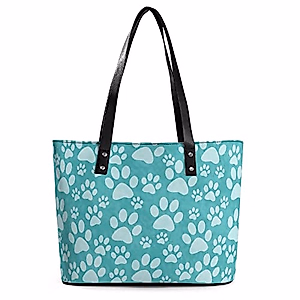 Womens Handbag Teal Doggy Paw Print Leather Tote Bag Top Handle Satchel Bags For Lady