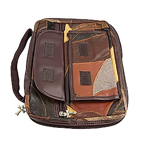 Zip Around Brown Leather Patchwork Bible Cover Carry Case with Handle