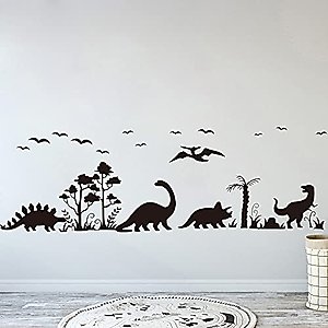 Large Size (51"X 16.5") Wall Decal Sticker Dinosaur Animal Forest Tree Bird Home Decor Bedroom Living Room Jurassic Park Dino Decals Nursery Wall Art Poster WS94 (Black)