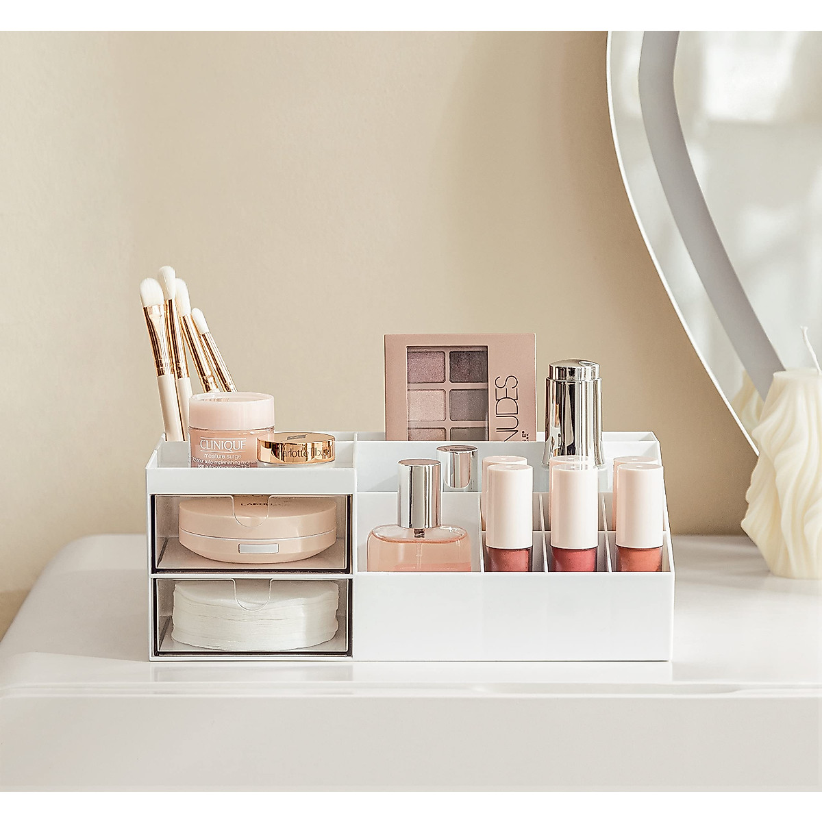 HBlife Makeup Organizer for Vanity Desk Organizers and Storage Skincare Organizers Cosmetic Display Case Desktop Organizer for Office, White