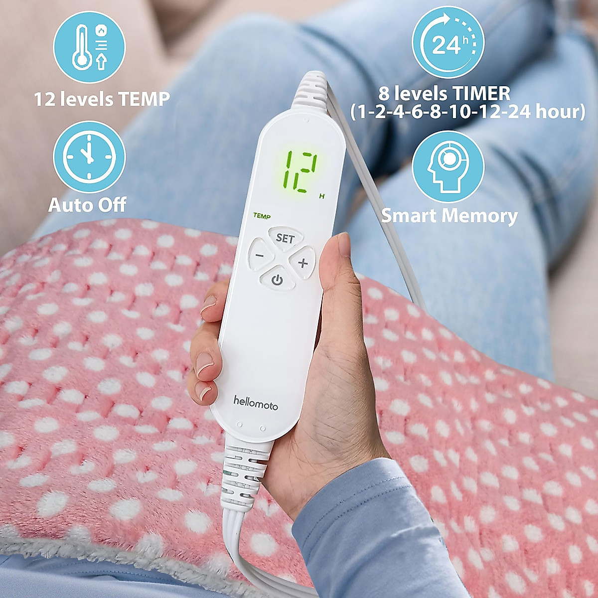 HELLOMOTO Heating Pad for Back, Neck & Shoulder Pain Relief with 12 Heat Settings and 8 Timer Settings, 12"x24" Extra Large Heat Pad, Machine Washable - Pink