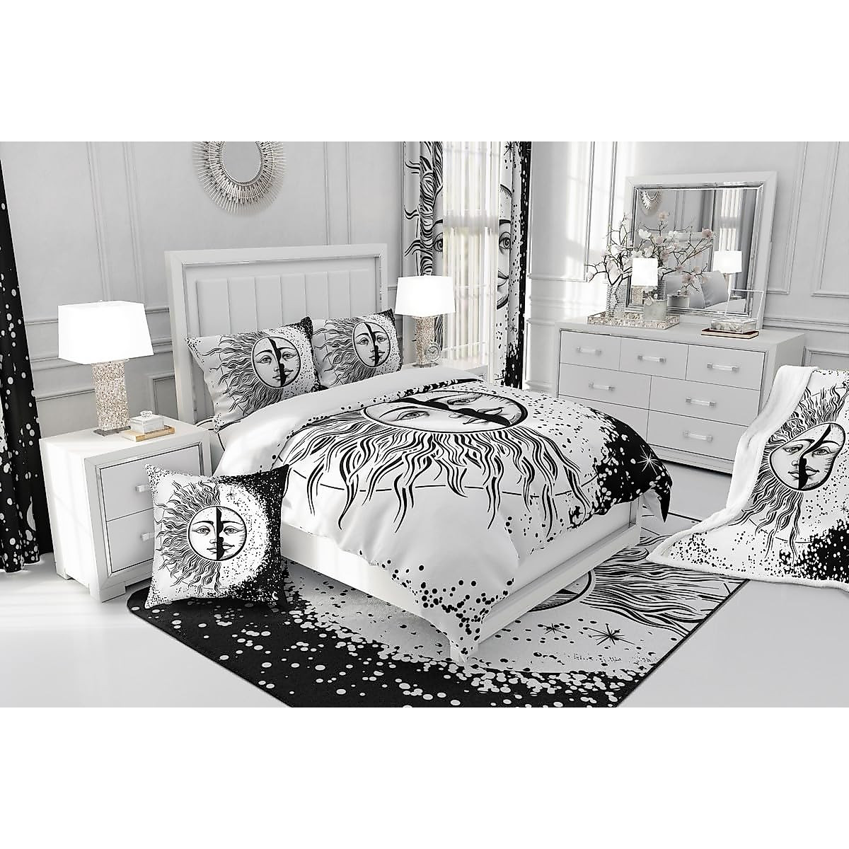 Erosebridal Sun Moon Duvet Cover Set Queen Yin Yang Comforter Cover Galaxy Star Bedding Set Bohemian Quilt Cover,Decorations 3 Piece Bedding Set (1 Duvet Cover 2 Pillowcases) Black and White