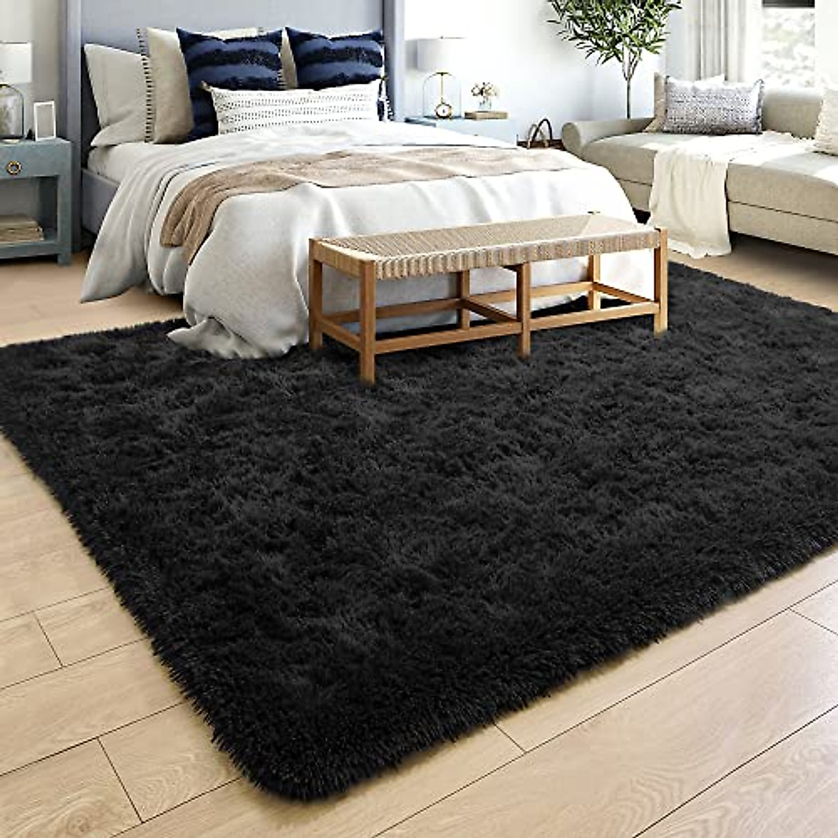 Rostyle Super Soft Fluffy Area Rugs for Bedroom Living Room, 4 ft x 6 ft Shaggy Floor Carpets Shag Christmas Rug for Girls Boys Furry Home Decorative Rugs, Black
