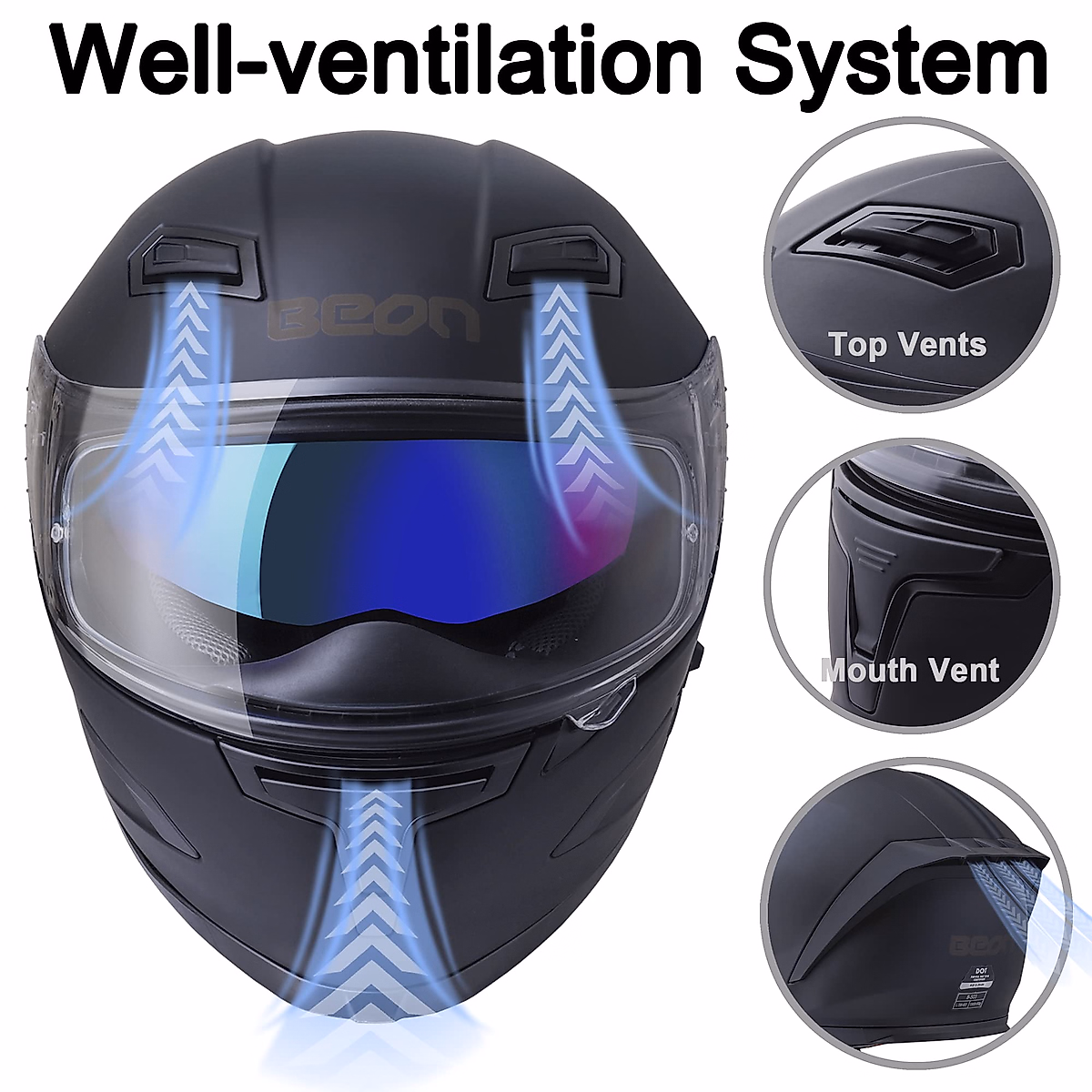 BEON Full Face Motorcycle Helmet, Street Bike Helmet with Clear&Tinted Visors and Multiple Vents, Motocross Casco DOT Approved for Adult Men Women, S-XL (M, Matte Black)