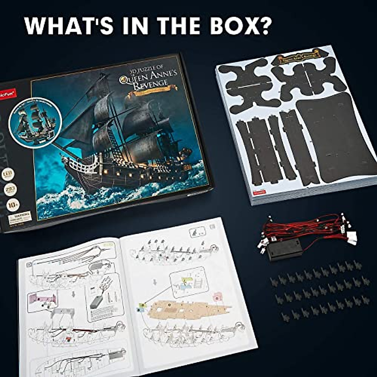 3D Puzzle for Adults Moveable LED Pirate Ship with Detailed Interior Decoration, Large Queen Anne's Revenge Desk Puzzles, Difficult 3D Puzzles with Lights Gifts for Men Women